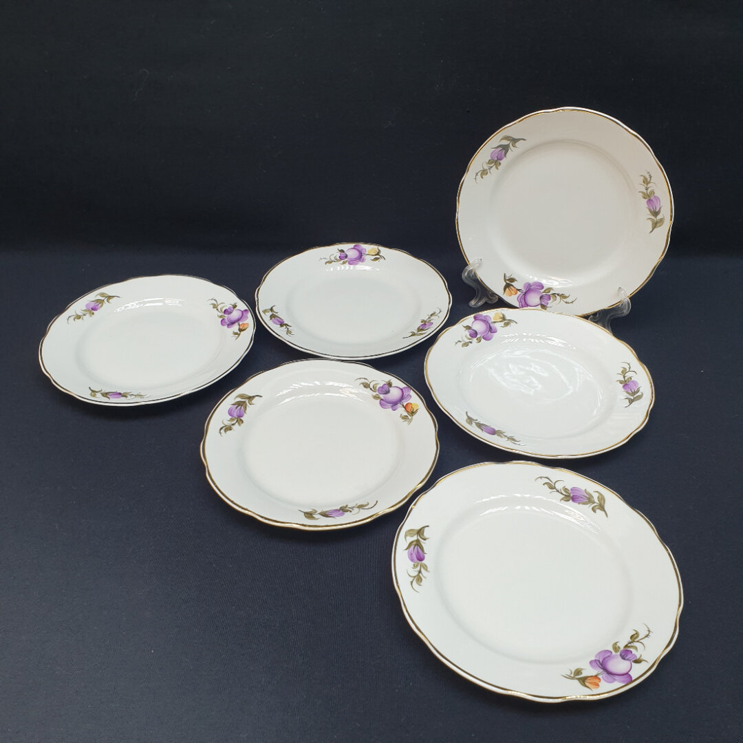 Набор десертных тарелок 6 шт, Коростень, фарфор, ручная роспись, позолота, винтаж СССР