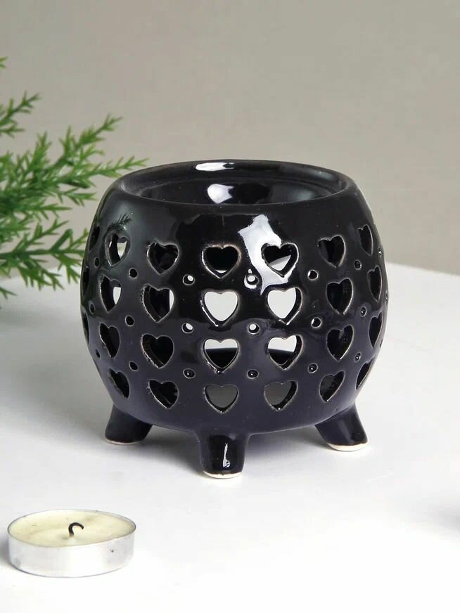 Аромалампа для эфирных масел и воска Марокко 10 см Резные сердца черная