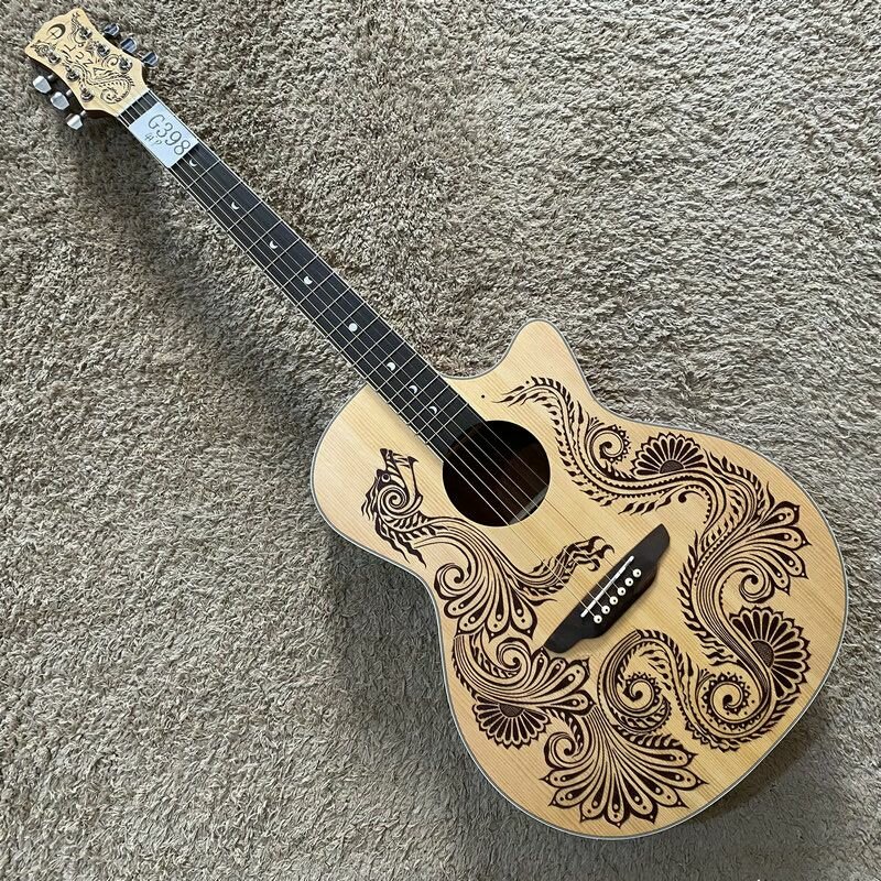 Акустическая гитара LUNA (США), 40 дюймов, верхняя дека из ели, корпус из красного дерева, резьба с драконом, натуральный цвет