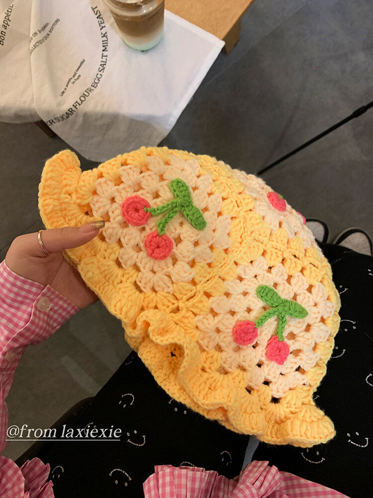 Японская рыбацкая шапка с вишней, вязаная шерстяная шапка ручной вязки, милая и милая шапка в том же стиле с интернет-знаменитостью для женщин