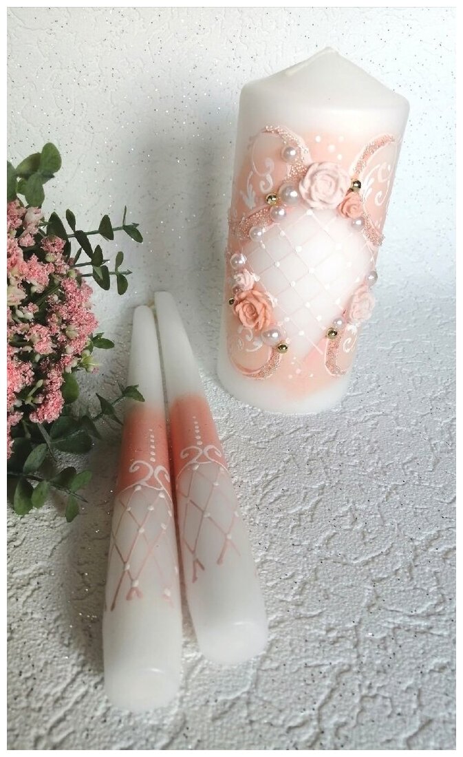Набор свадебных свечей с росписью и цветами из полимерной глины "Персиковый"
