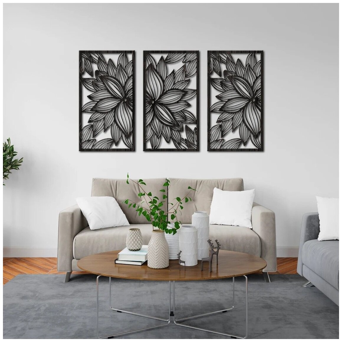 Панно/декор из дерева на стену Волшебные цветы (комплект из 3 панно)