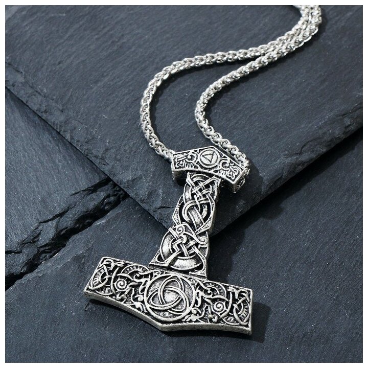 Кулон-амулет «Молот Тора» мьёльнир, цвет чернёное серебро, 60 см