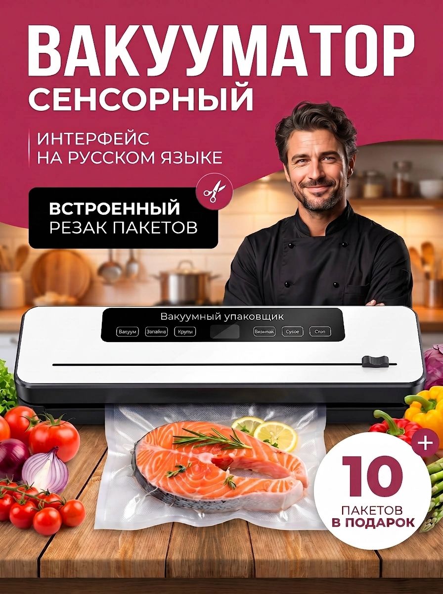 Вакууматор для продуктов, вакууматор для продуктов с резаком и пакетами 10 пакетов