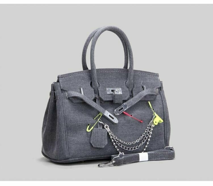 Сумка саквояж  Джинсовая сумка в стиле биркин, серая