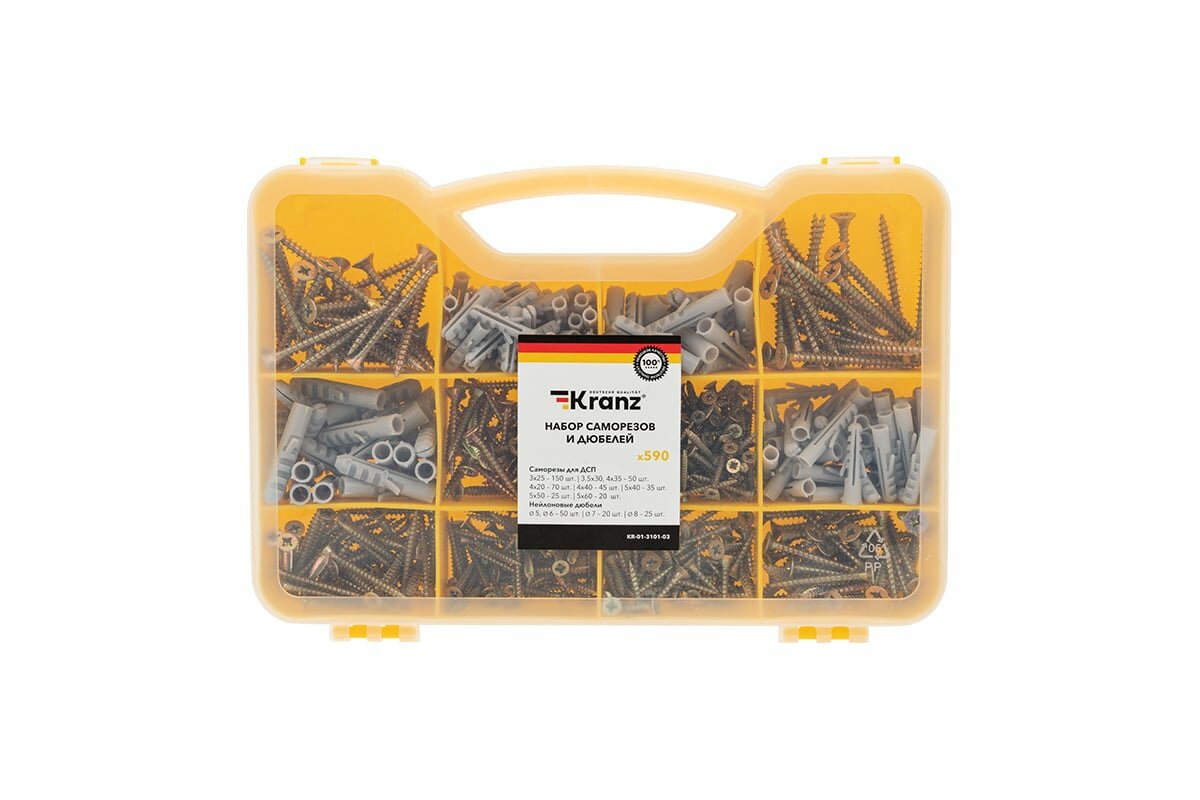 KRANZ Набор саморезов и дюбелей 590 шт KR-01-3101-03 для разных материалов.