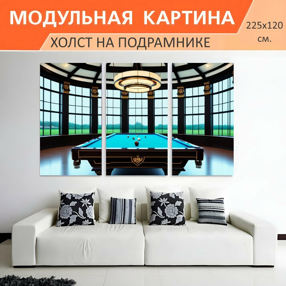 Модульная картина на холсте "Бильярдная с панорамными окнами" триптих на подрамнике 225х120 см. для интерьера