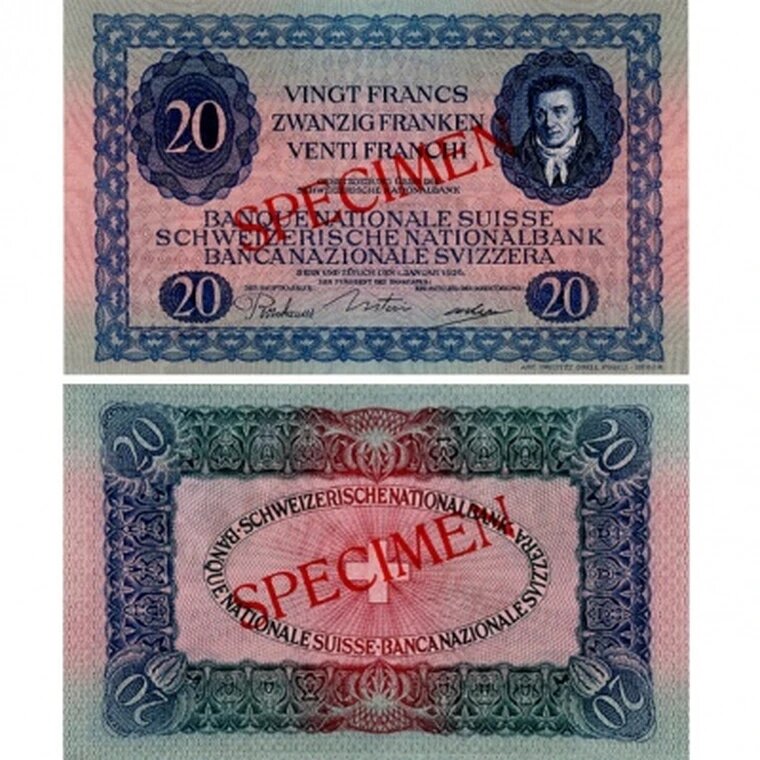 20 франков 1926 Швейцария, надпечатка образец, сувенирная копия, банкноты и купюры редкие коллекционные