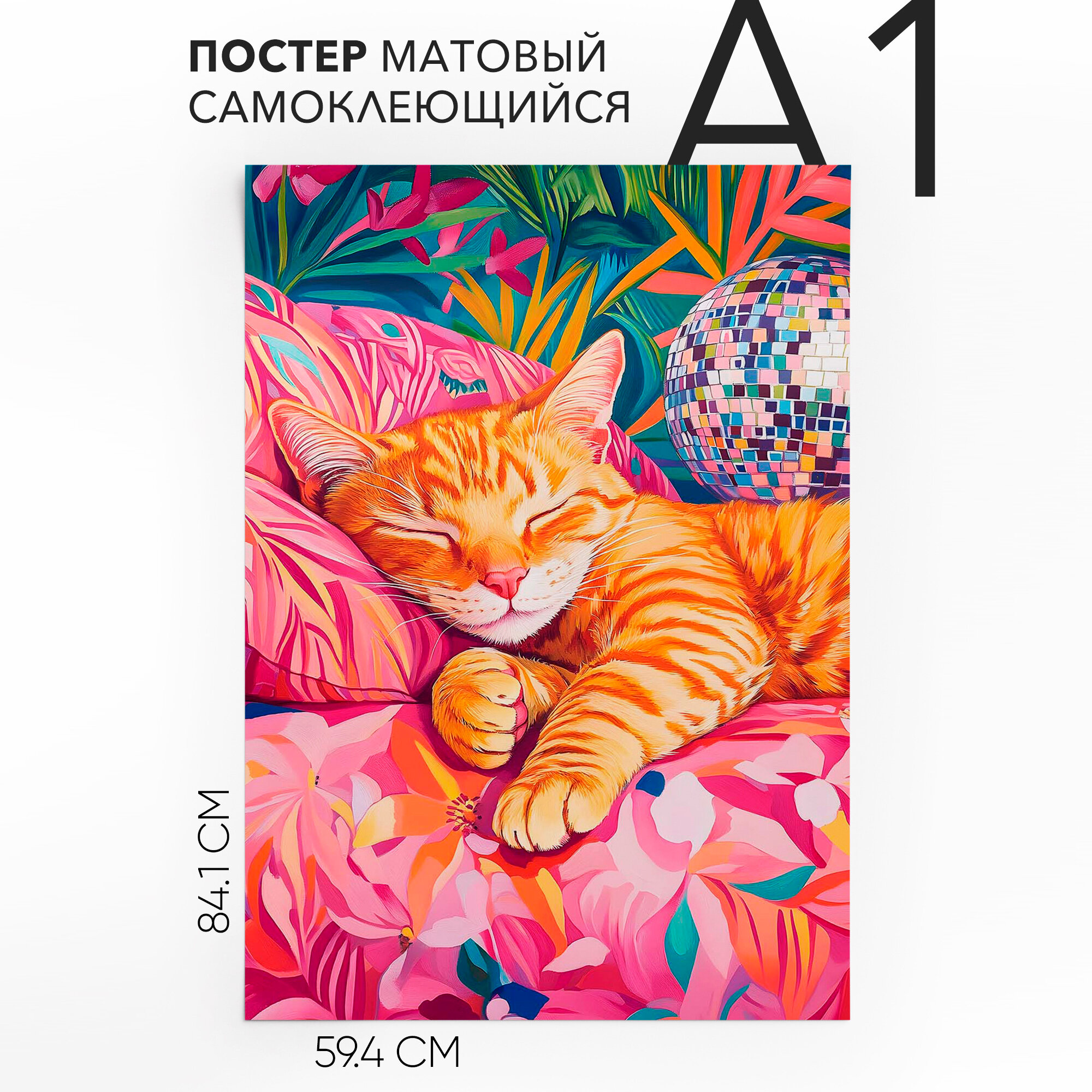 Интерьерные постеры на стену самоклеящийся, большой A1 Рыжий кот, влагостойкий, для декора