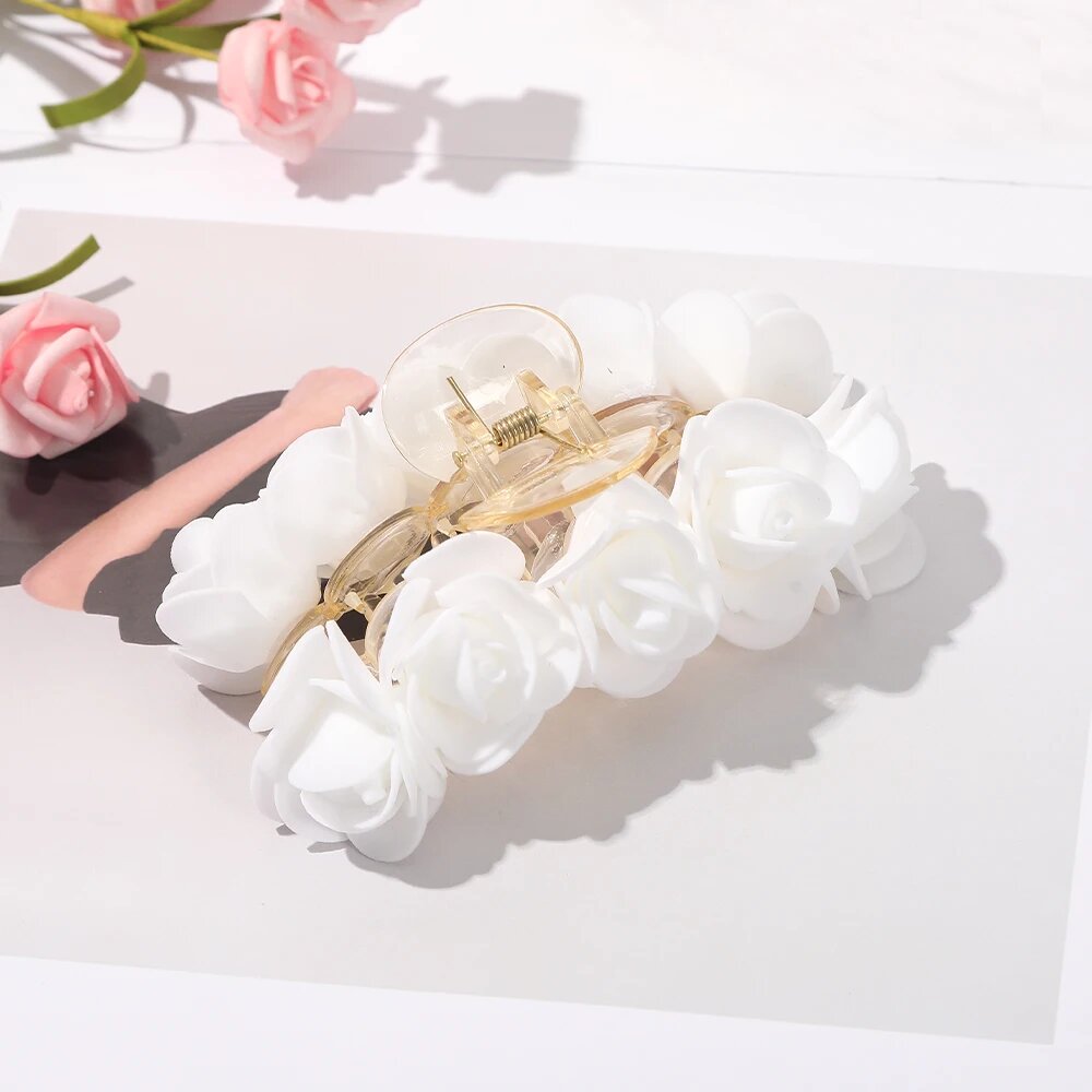 Белая заколка для волос краб с розами