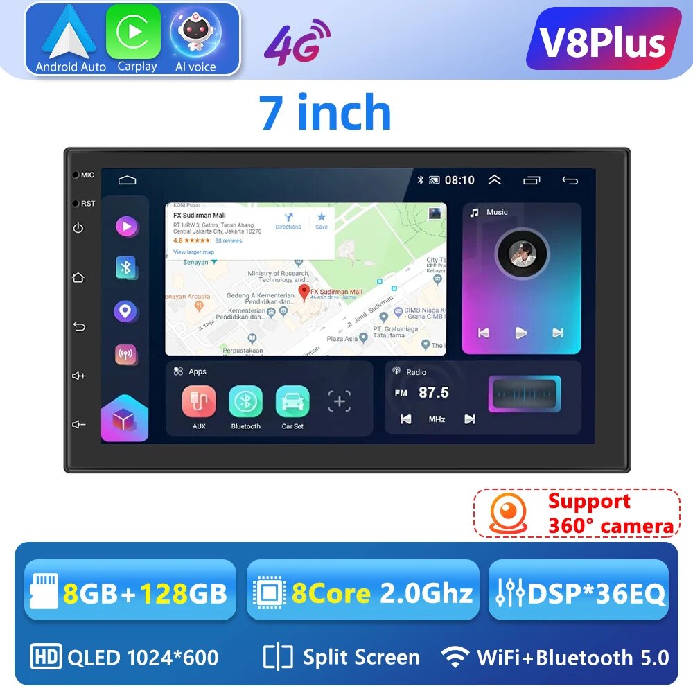 Podofo 8G 128G 2din автомобильный Android радио мультимедийный плеер 7/9/10 "GPS 7inch 8Core-128G 4G