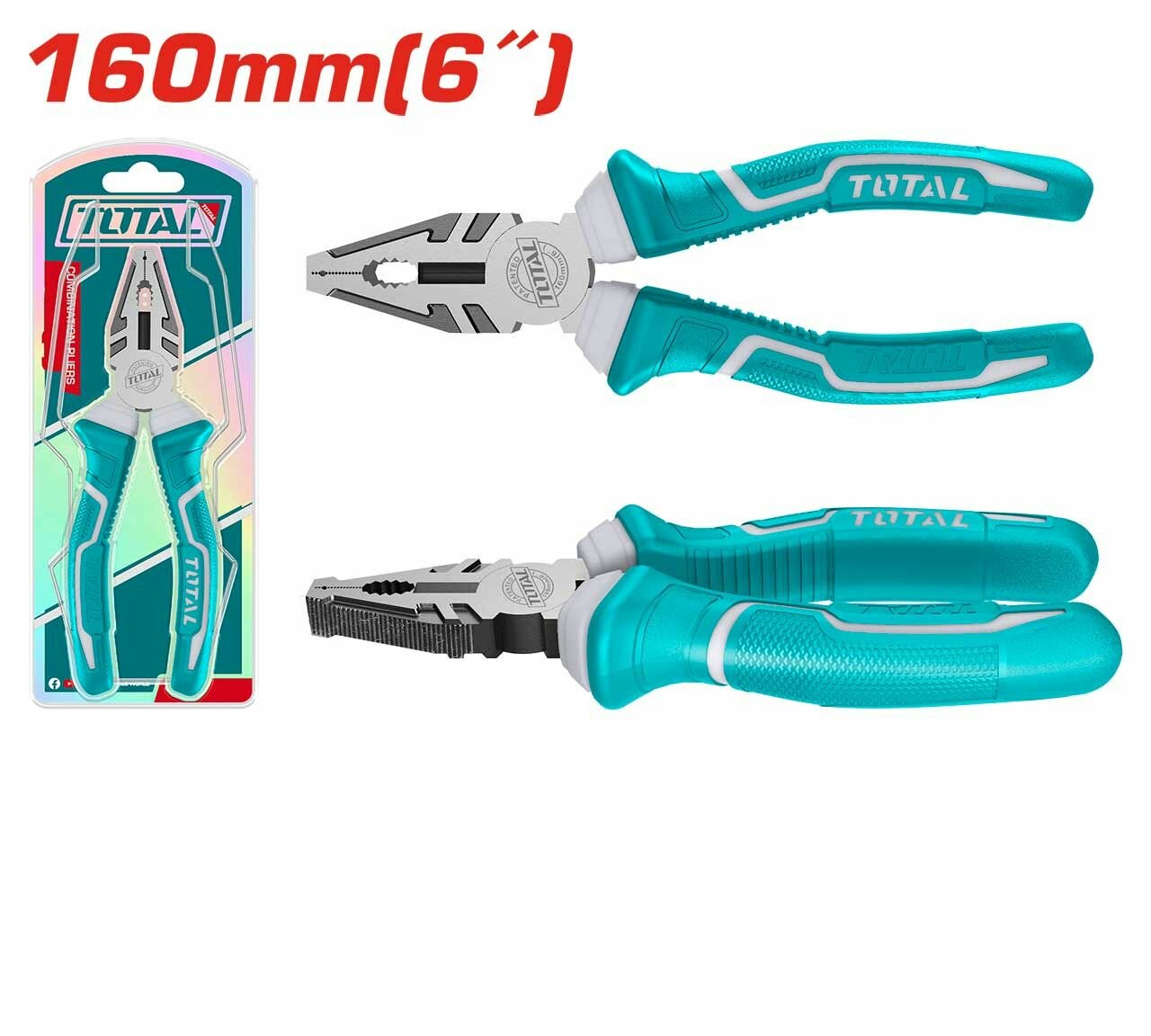 Плоскогубцы TOTAL "THT110606P", Cr-V, двухкомпонентные рукоятки, 16 см, бирюзовые