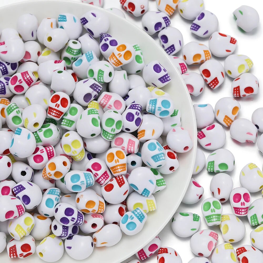 Акриловые бусины череп 100 шт для рукоделия Белый, L 9.5X12.5mm, White-Colorful