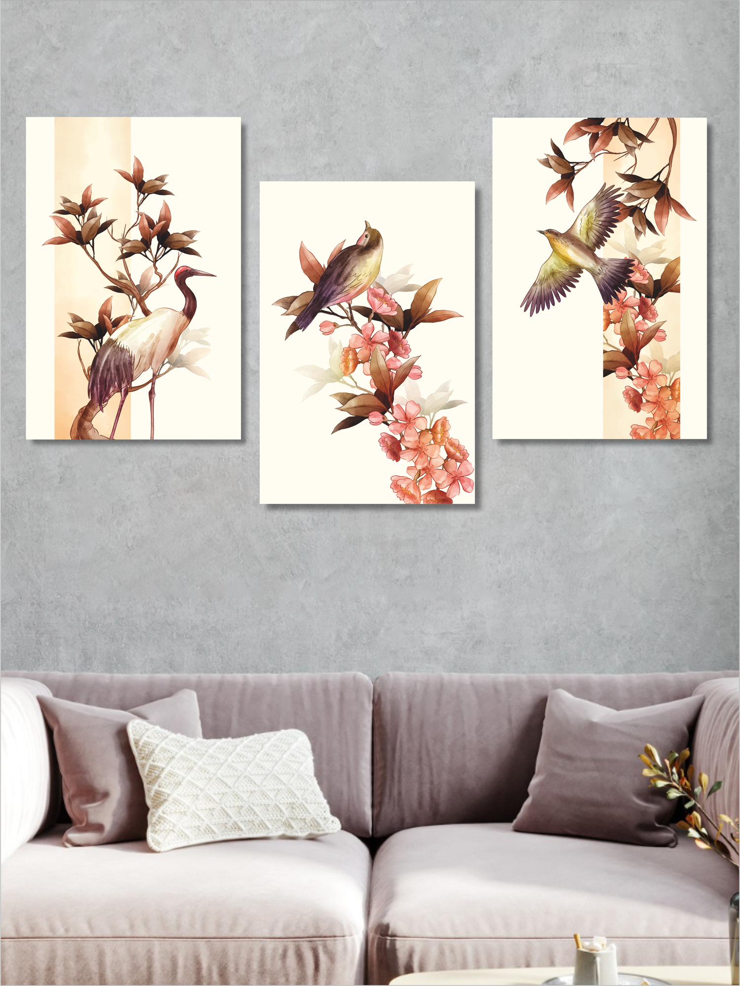 Модульная картина для интерьера, Журавль птицы на цветущих ветках розовой сакуры 50х75 см - 3шт холст на подрамнике
