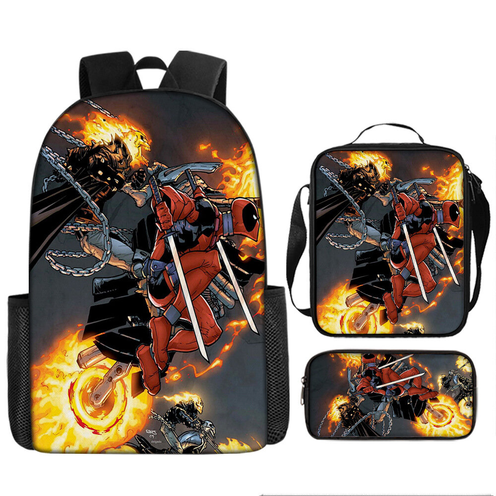 Новый трансграничный рюкзак Дэдпул с героями мультфильмов, большой вместительный рюкзак, сумка на плечо, чехол для ручек, комплект из трех предметов, дропшиппинг
