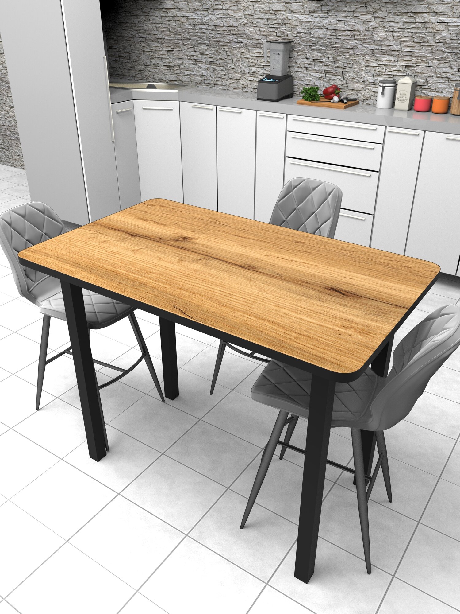 Стильный кухонный стол "Дуб Вотан", современный стиль, цвет ножек - черный, 100 х 60 см.