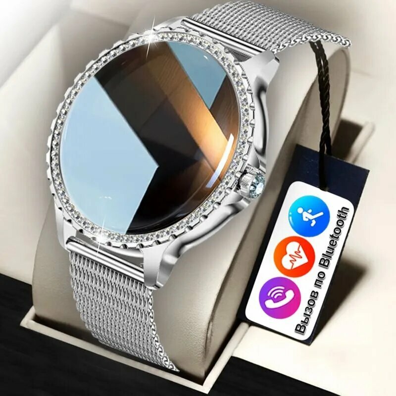SACOSDING Смарт-часы Женские умные часы с бриллиантами smart watch Premium 2026 для IOS Android водонепроницаемые, Серебряная сетка+1 ремешок