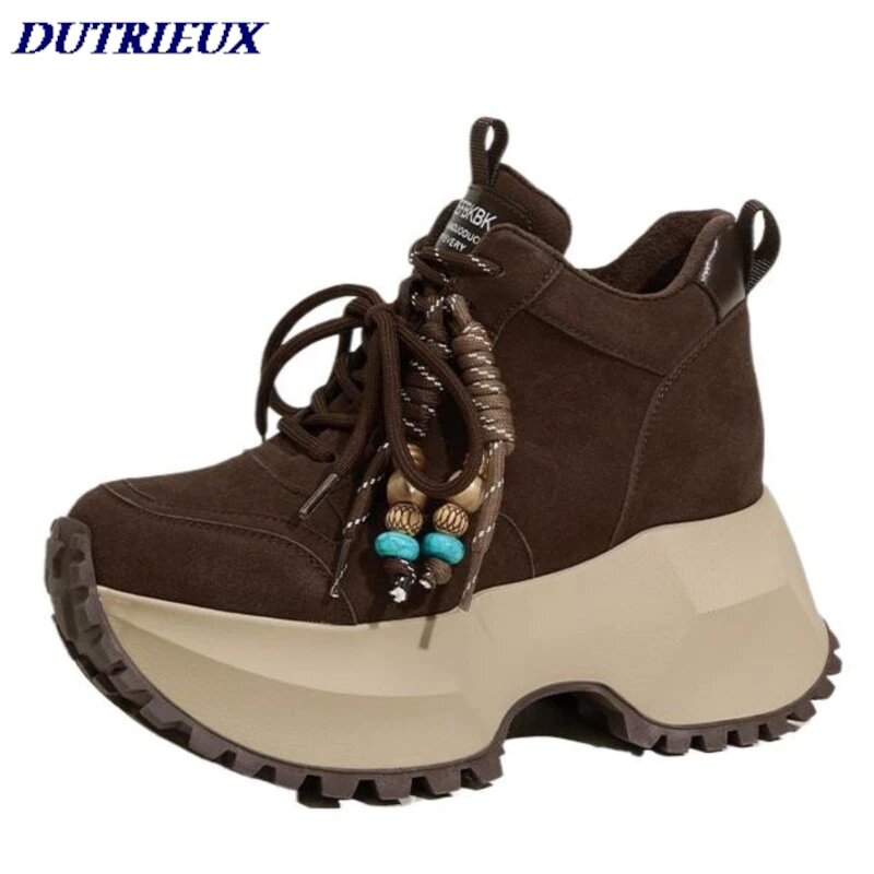 2025 10 см обувь на танкетке из натуральной кожи на платформе, массивные 39, brown Winter Fluff