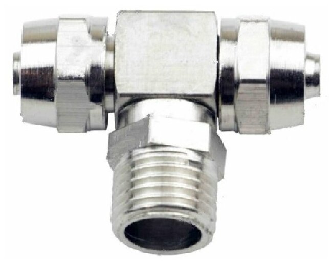 Тройник / соединитель пластиковых трубок резьба папа - 1/4" - елочка под шланг 8х8 мм с креплением под гайку для компрессора, пневмоинструмента