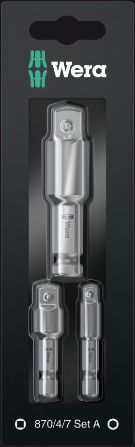 Набор адаптеров Wera , 3 пр, 1/4" M x 1/4" E6.3, 3/8" M x 1/4" E6.3, 1/2" M x 7/16" E 11.2 870/4/7 A SB WE-073200