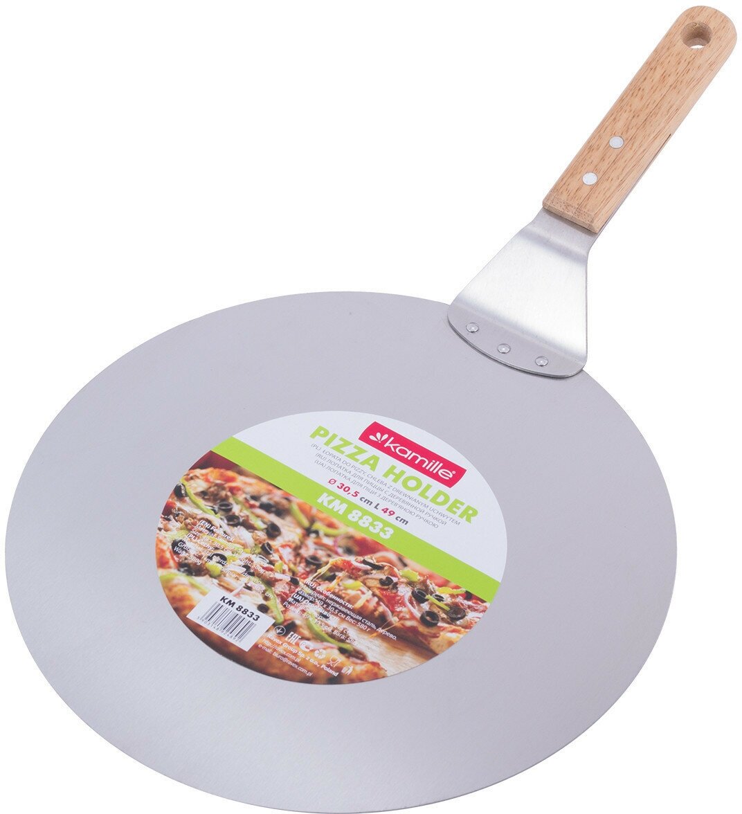 Лопатка для пиццы d30,5х49 см. Kamille KM-8833 из нержавеющей стали с деревянной ручкой