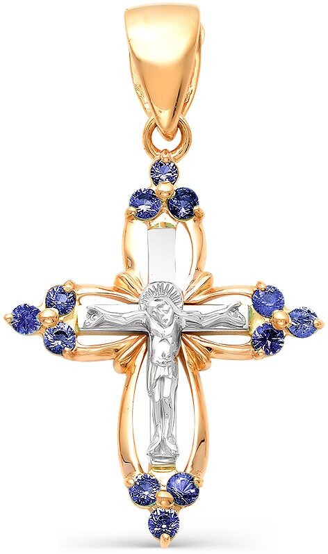 Крестик, красное золото, 585 проба, сапфир