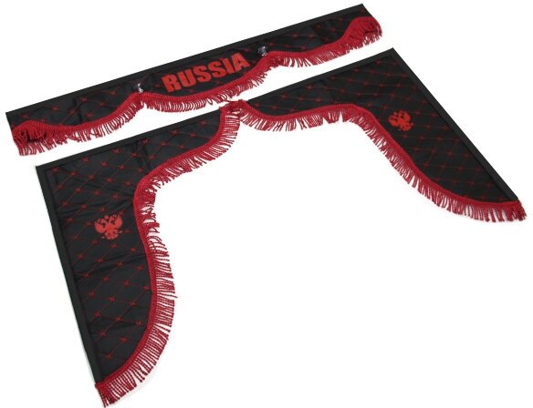 Ламбрекен лобовой длина 1.8 м. Экокожа с надписью RUSSIA + боковые (чёрный + красная бахрома)