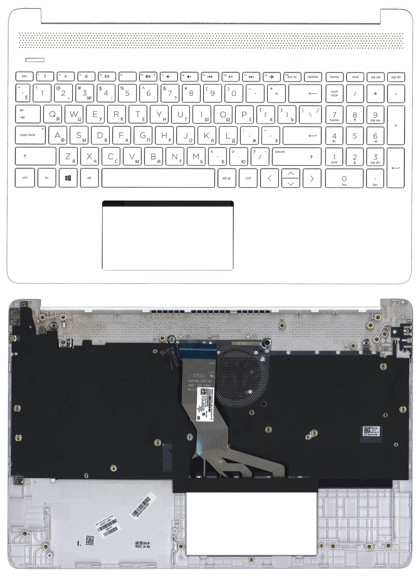 Клавиатура (keyboard) для ноутбука HP 15S-EQ, 15S-FQ, топкейс, белый