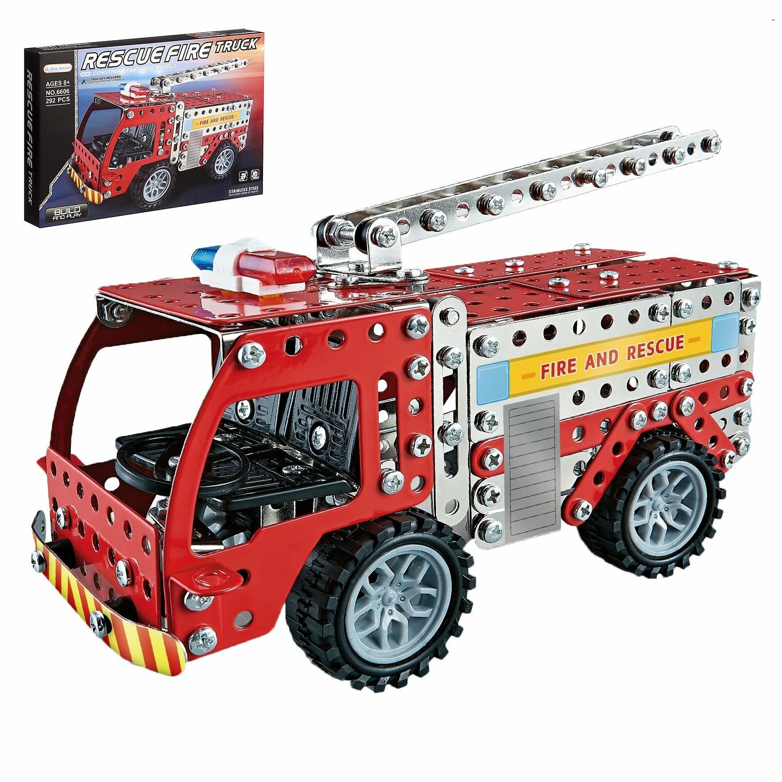Конструктор металлический "Пожарная машина", детский игровой набор из 292 детали, винтовой конструктор с болтами и гайками, сборная модель