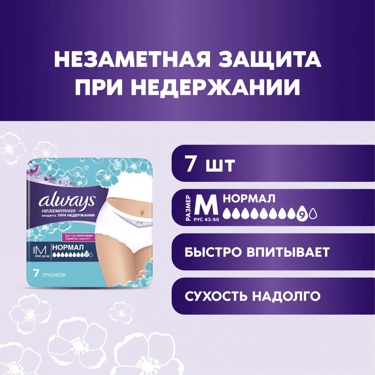 Always Незаметная защита Трусы д/взрослых при недержании Normal M 7шт 8001841609195