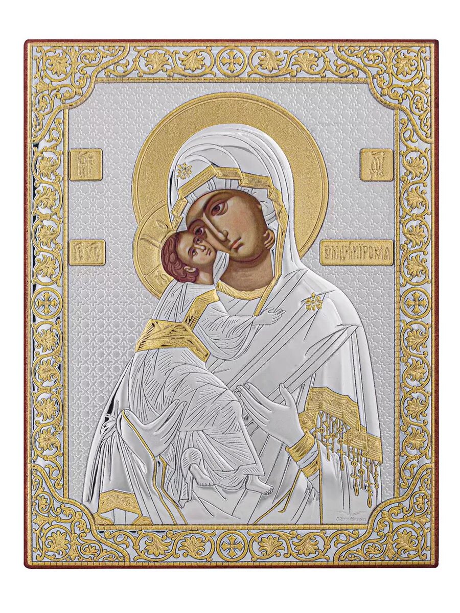 Икона серебряная, греческая Владимирская БМ, 120х160 мм.