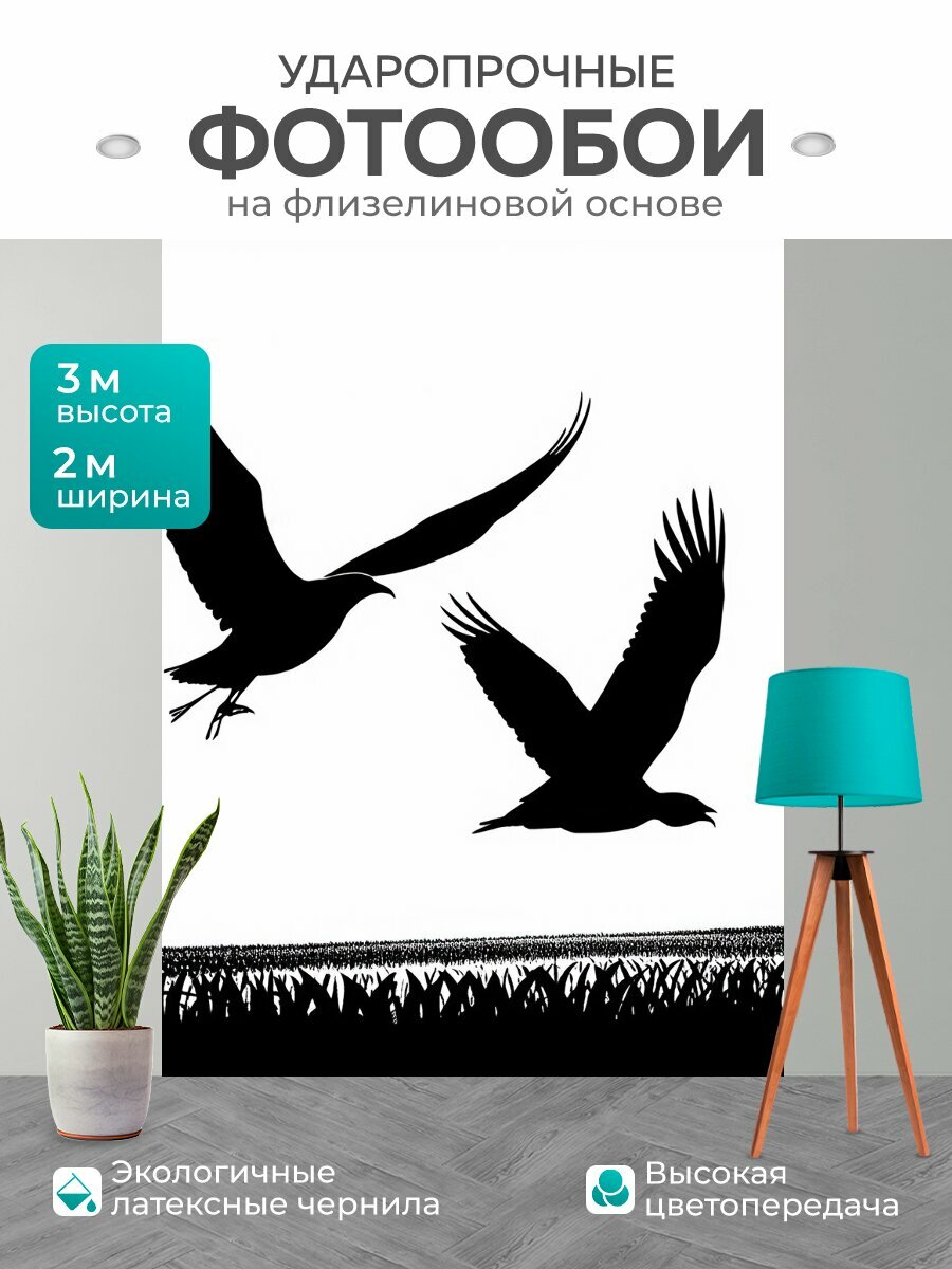 Фотообои моющиеся ударопрочные "Черно-белый с утонченными силуэтами охотничьих птиц, парящих над бескрайними полями. эту картину можно создать в" 200x300 см. флизелиновые на стену