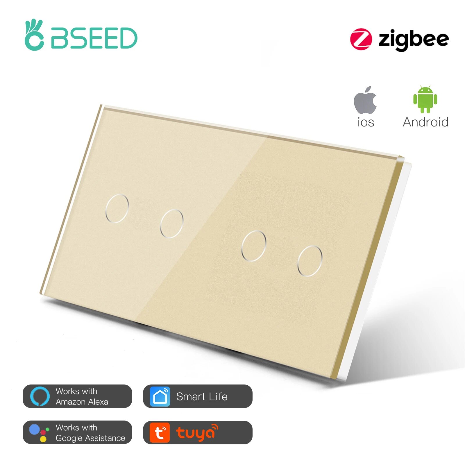 Беспроводной интеллектуальный выключатель BSEED Zigbee 1/2/3 клавиши Double 2Gang Gold