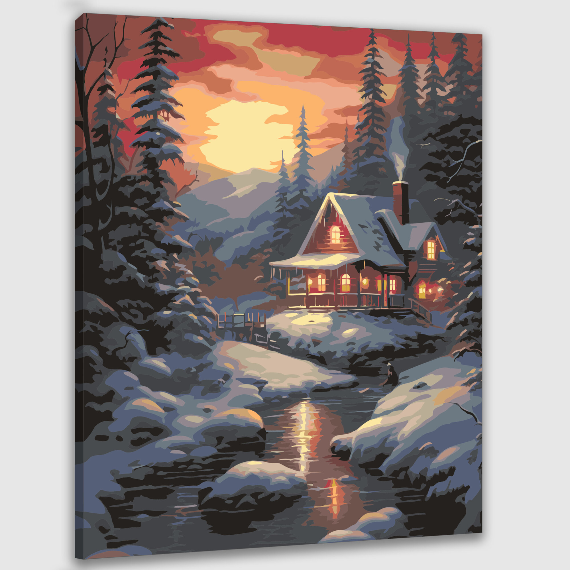 Картина по номерам 40x50 см, картина, масло, сказка, уютная хижина, заснеженный лес, дымок из трубы, теплое свечение