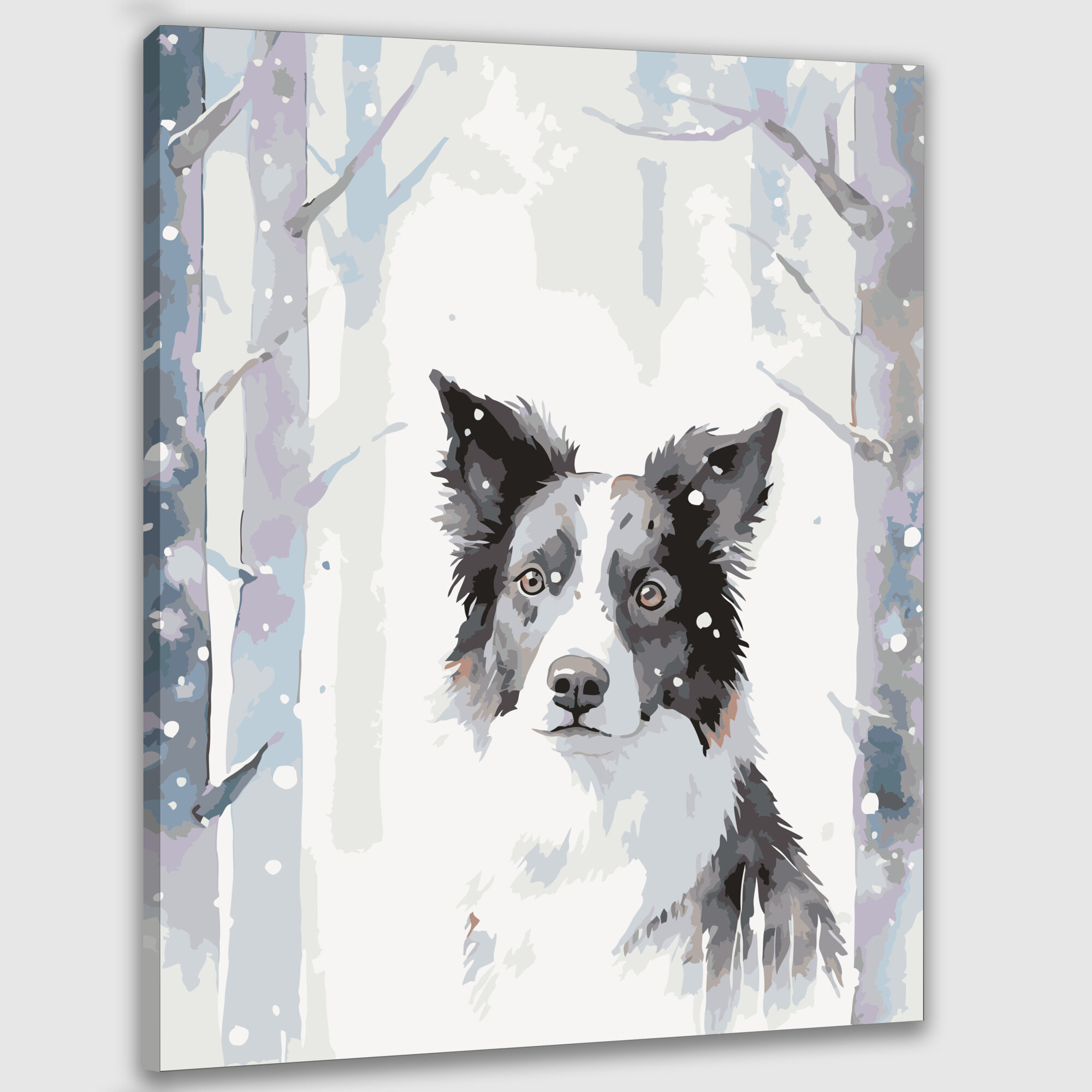 Картина по номерам 40x50 см, акварельная иллюстрация, бордер-колли, зимний лес, пушистая шерстка, снежинки