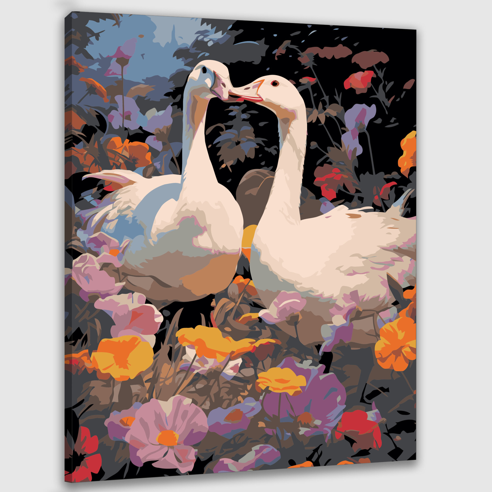 Картина по номерам 40x50 см, картина маслом, гусь, цветочный сад, контраст цветов, белые перья, насыщенные цвета