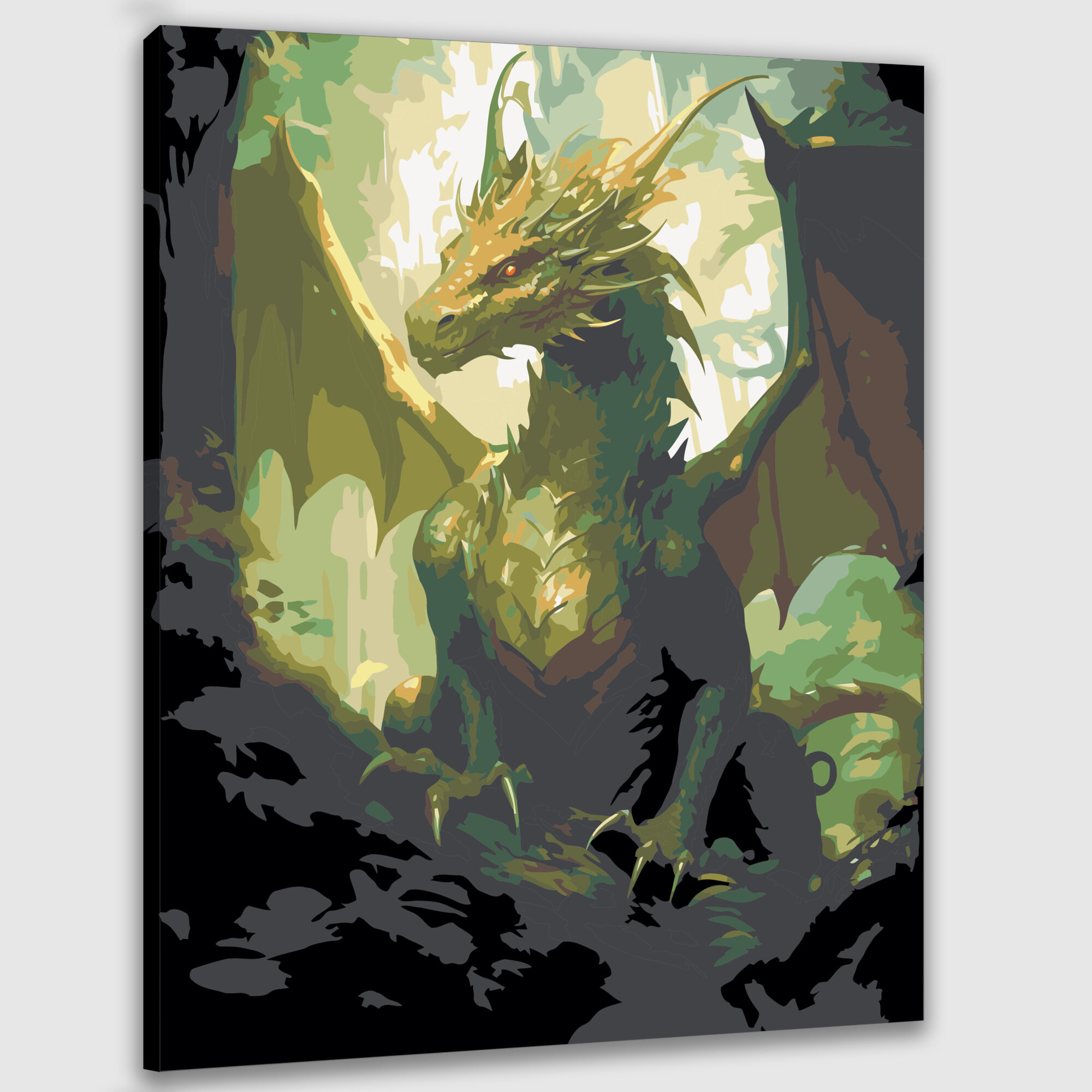 Картина по номерам 40x50 см, дракон, зеленый, парящий, изумрудная чешуя, золотистый свет, тайник, драгоценные сокровища