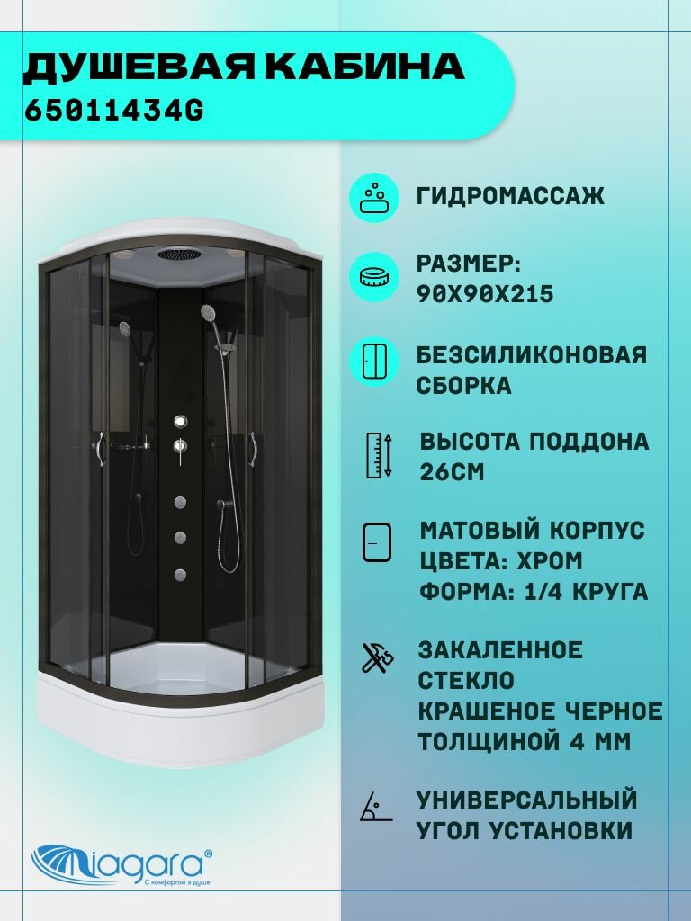 Душевая кабина Niagara Classic NG-6501-14G (90х90х215) средний поддон(26см), черный, стекло тонированное,4 места