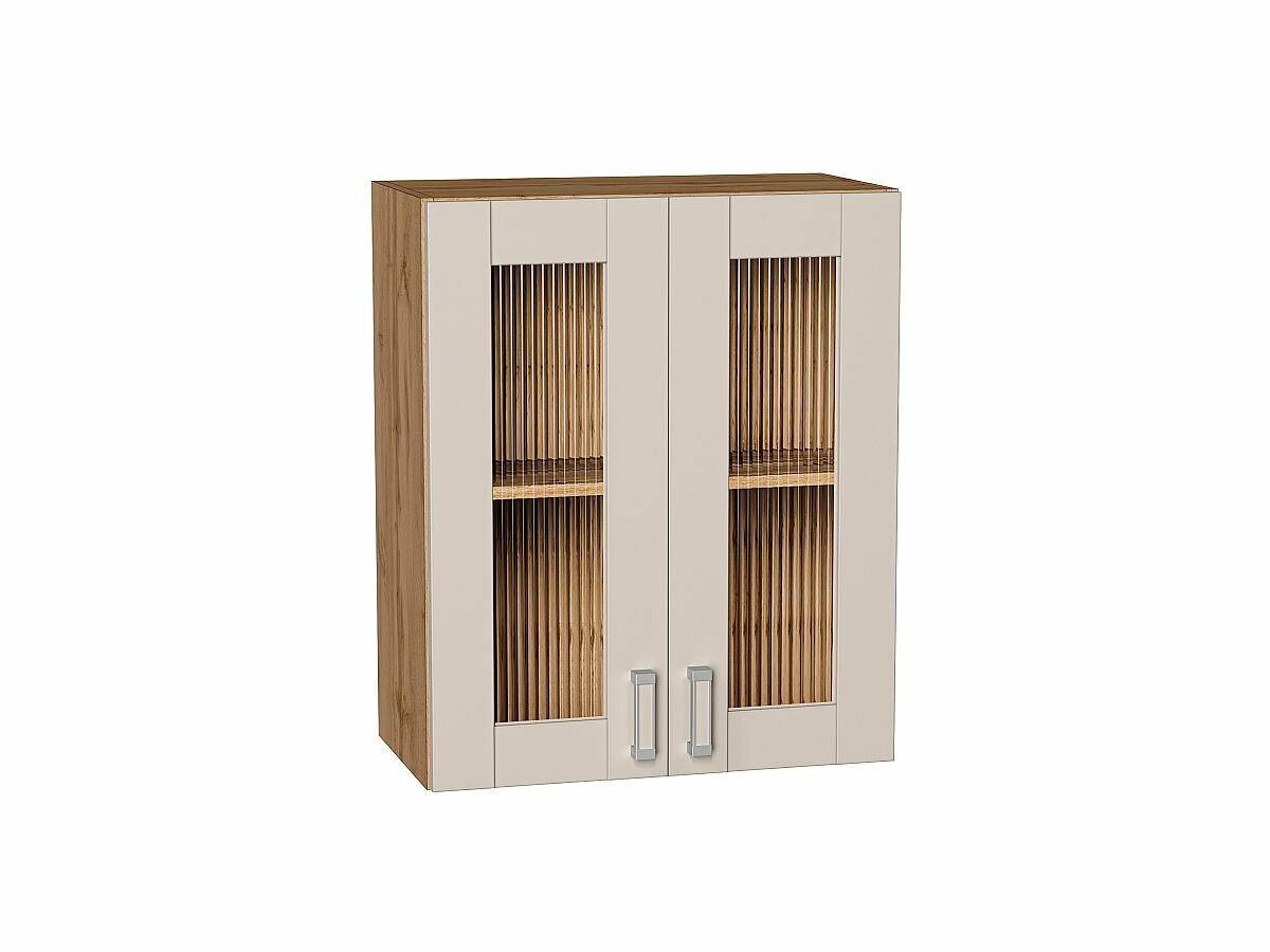 Шкаф верхний с 2-мя остекленными дверцами Лофт, цвет фасада Cream Silk, цвет каркаса Дуб Вотан, стекло Magic Moru V, 716*600*320 мм