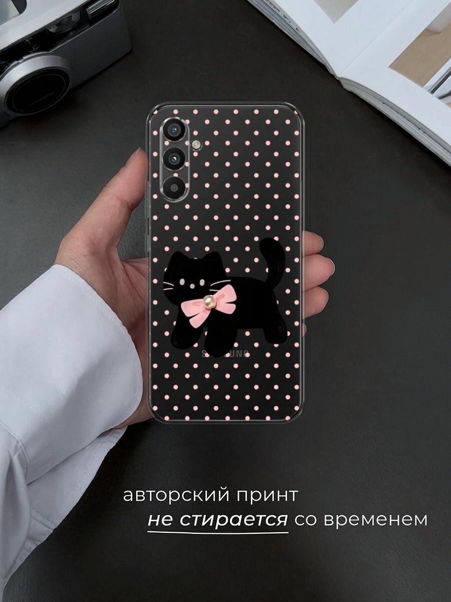 Чехол на Samsung Galaxy A34 / Самсунг A34 с принтом Черный котик с бантом, прозрачный — фото 1
