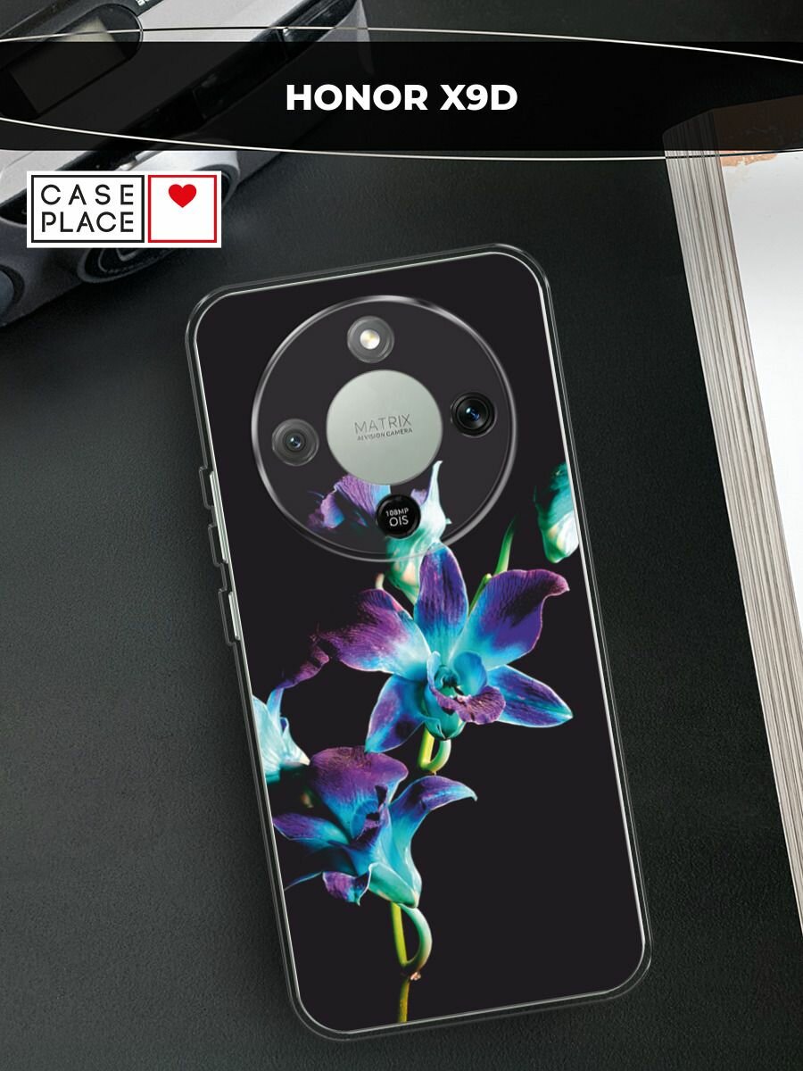 Чехол на Honor X9d / Хонор X9d с принтом Синий цветок на черном