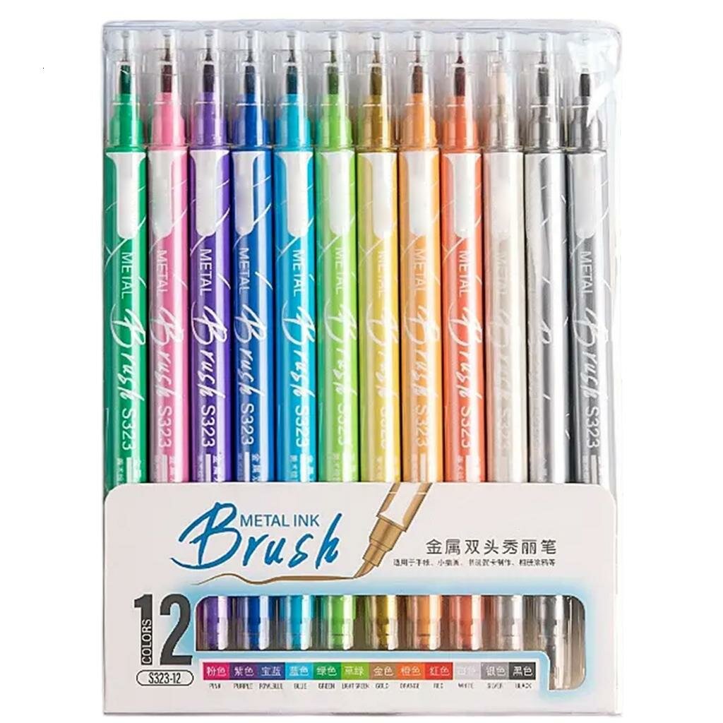 Двусторонняя Металлическая художественная ручка-маркер-кисть 6/12/24 Цветной блестящий хайлайтер