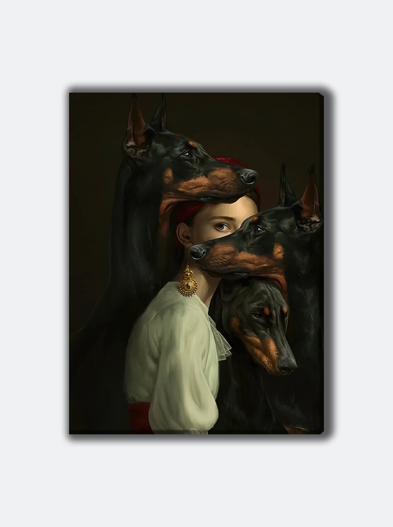 Картина для интерьера на холсте Айкута Айдогду «Девушка с доберманами» 40х60, холст натянут на подрамник