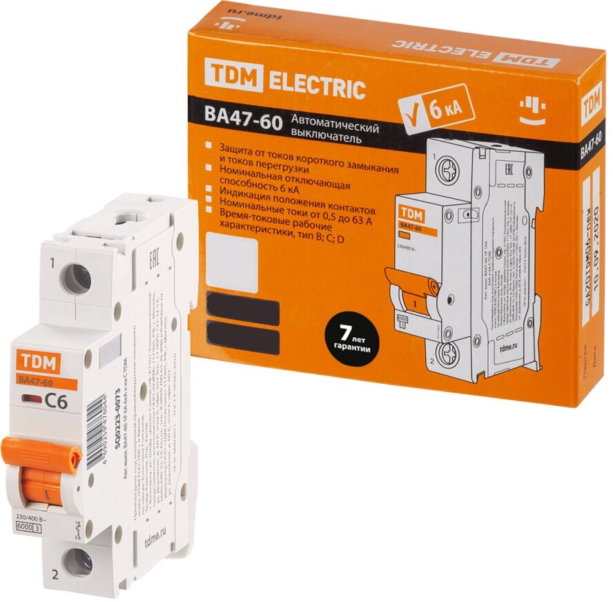 Автоматический выключатель ВА47-60 1Р 6А 6кА х-ка С, TDM SQ0223-0073 (1 шт.)