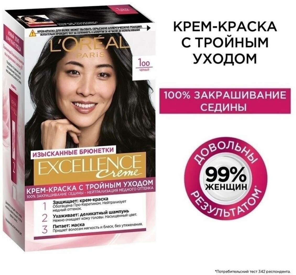 L'Oreal Paris Excellence стойкая крем-краска для волос, 1.00 Черный