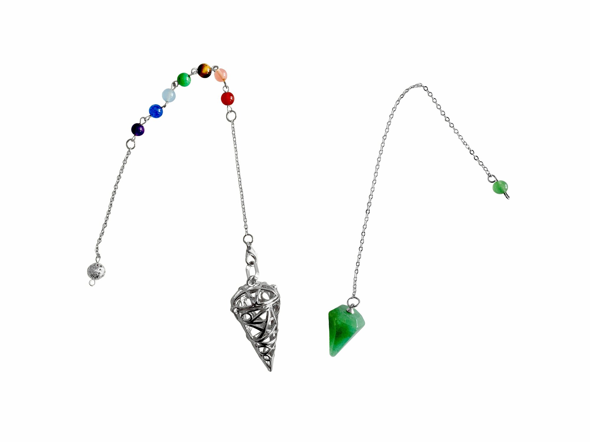 Кулон для биолокационного маятника серебряный цвет и маятник биолокационный Зеленый авантюрин МБК-008