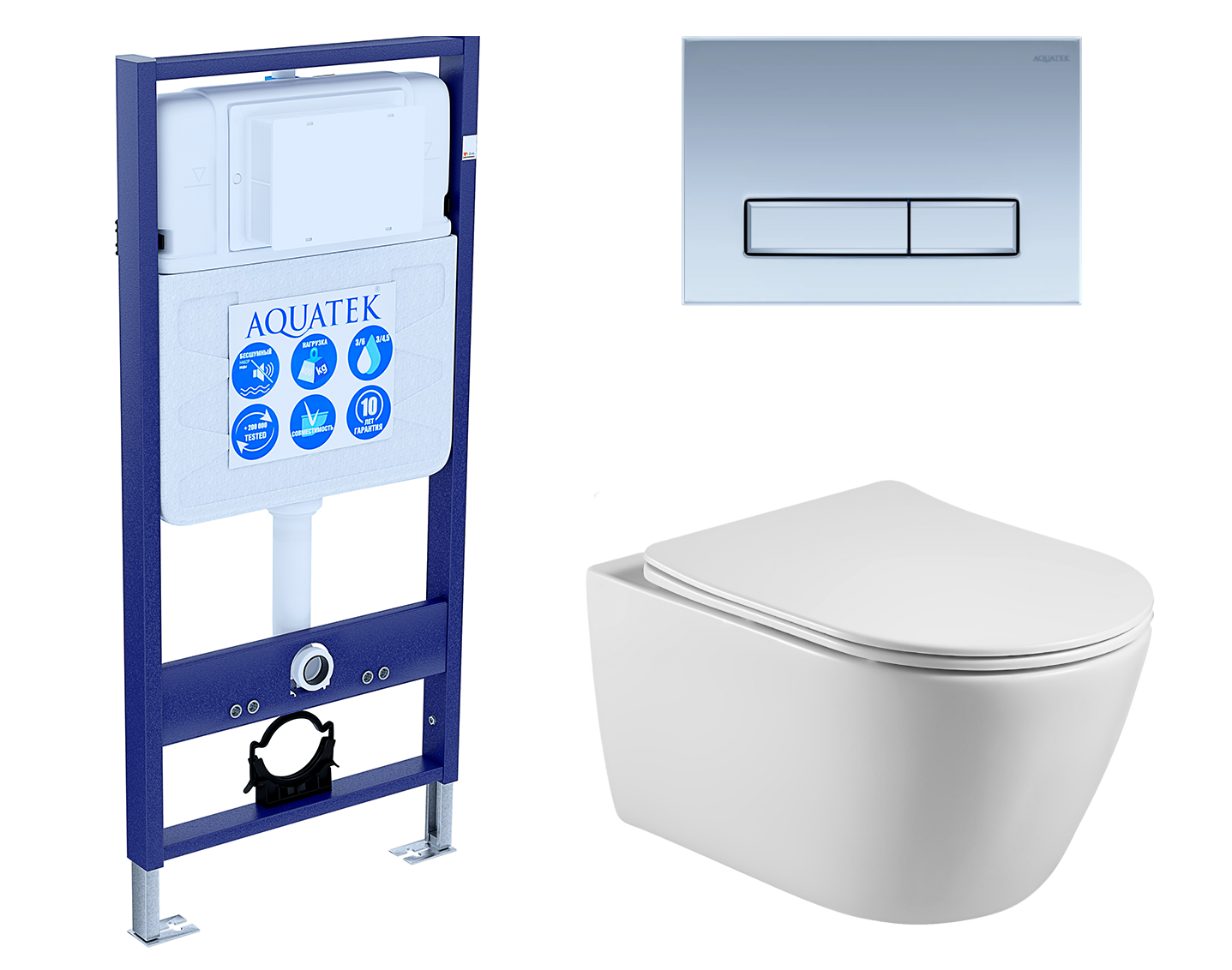 Комплект 3 в 1 инсталляция Акватек Standart 50 + Унитаз подвесной Акватек Вега AQ1905-00 с кнопкой хром матовой INS-0000012 + AQ1905-00 + KDI-0000024