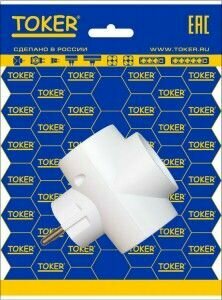 TOKER 3T1a разветвитель (тройник) 3 роз. 16А белый, 1 роз. земля (T-образный, ИУ)