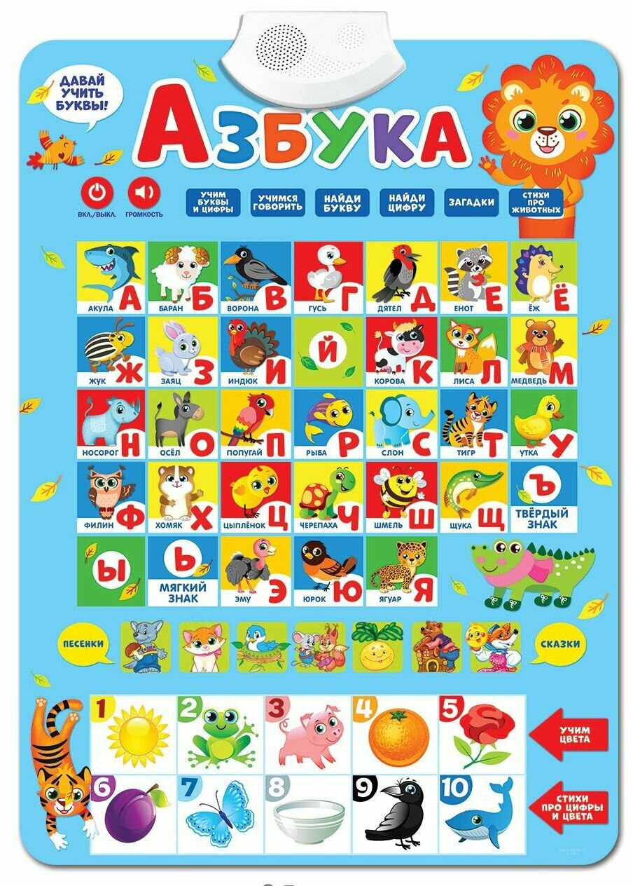 Обучающий электронный плакат "Азбука" для детей, умная игрушка на батарейках со звуковыми эффектами, учим буквы, цифры и животных