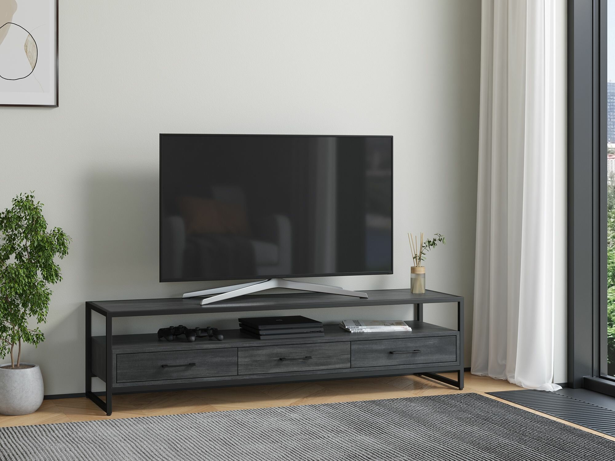 Тумба под ТВ Урбан Лофт 01 с выдвижными ящиками Черный/северное дерево темное